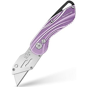FantastiCAR Folding Box Cutter, Quick Blade Change Utility Knife, with Anti-slip Metal Body, Safety Lock, 5 Extra Blades (Purple Streamline)
