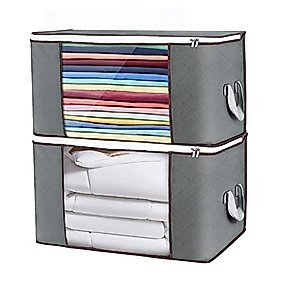 Clothing Organizer, 90L Extra Large Clothes Blanket Storage Bags,Thicker Fabric Closet Organizers and Storage(2 Pcs, 90L, Gray)
