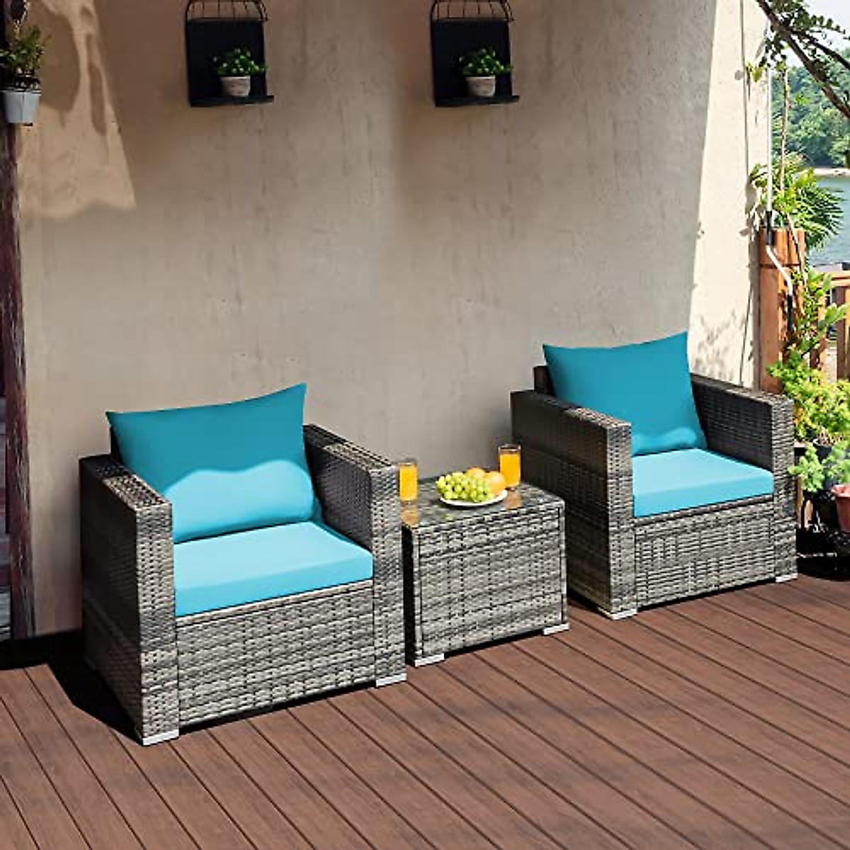 DORTALA 3 PCS Patio Wicker Bistro Set, Outdoor Rattan Sofa Set, Conversation Furniture w/Washable Cushion, Tempered Glass Top Table, Backyard Rattan Sofa Chair for Garden Poolside Balcony, Turquoise