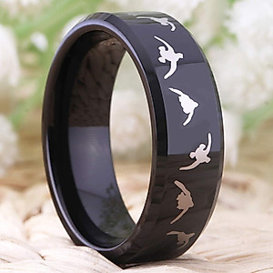 6mm/8mm Width Lover's Black Bevel Wedding Band with Laser Etched Bird Duck Hunting Outdoor Ring, Comfort Fit (8mm width, 12.5)