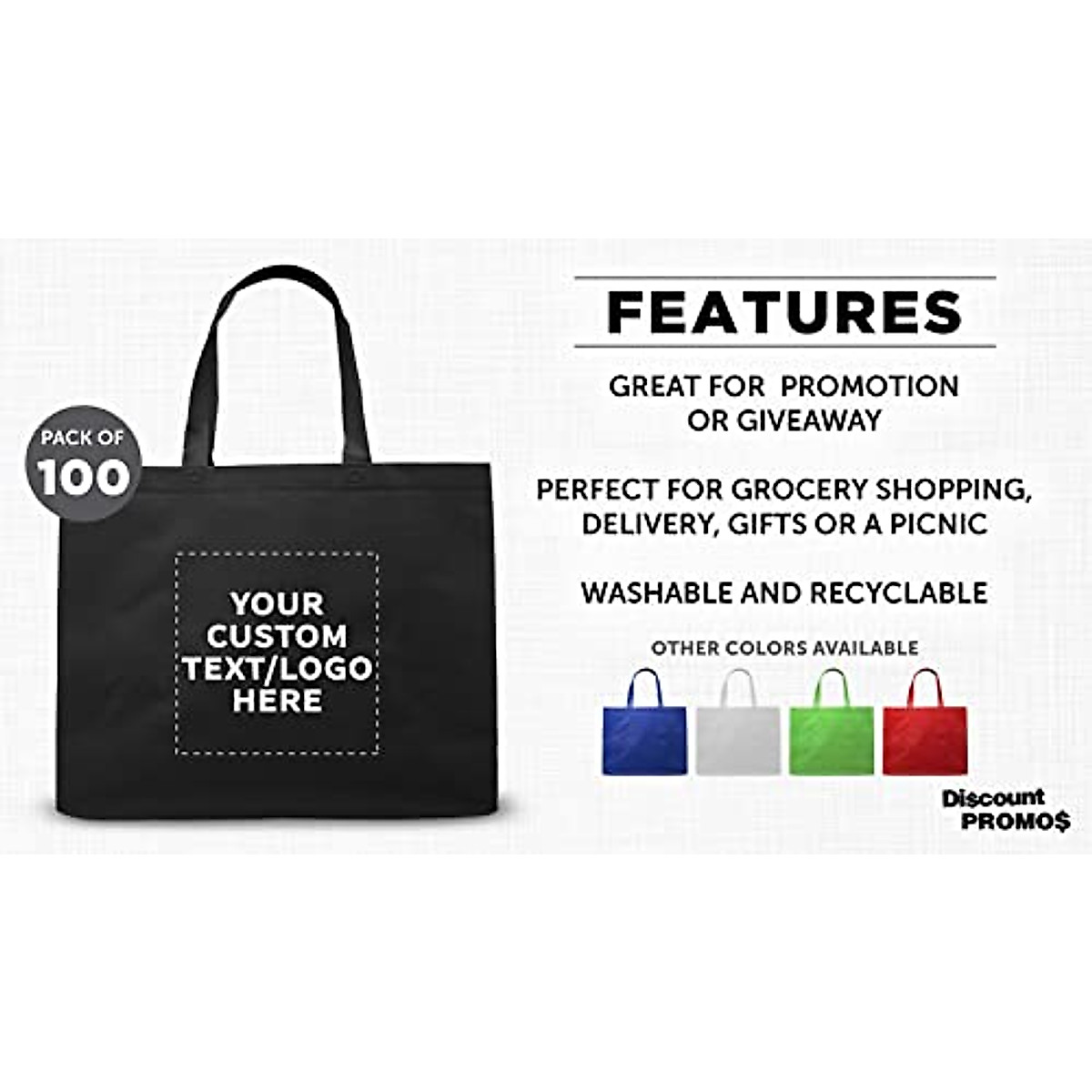 DISCOUNT PROMOS Jumbo Sized Tote Bags Set of 100, Bulk Pack - Grocery, Shopping, Travel, Carry on Bag, Totes for Women, Reusable, Black