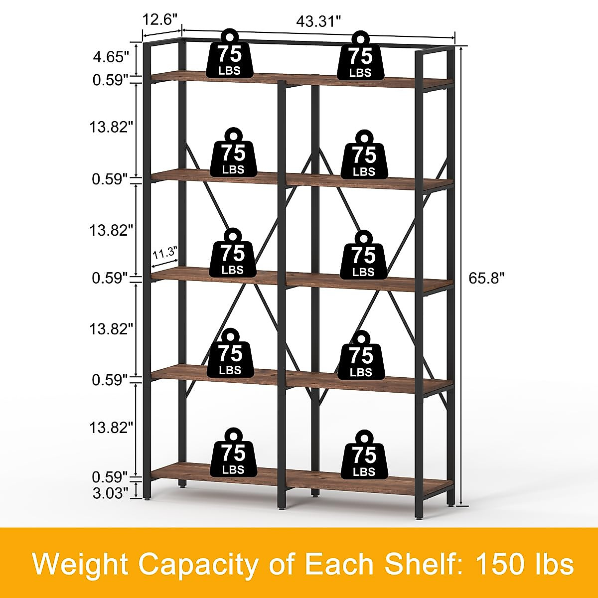 BON AUGURE Industrial Bookshelf, Bookcases and Bookshelves Etagere, Tall Large Farmhouse Book Shelves, 5 Tier Open Bookcase, Wood Metal Shelving Unit for Bedroom, Office (Rustic Oak)