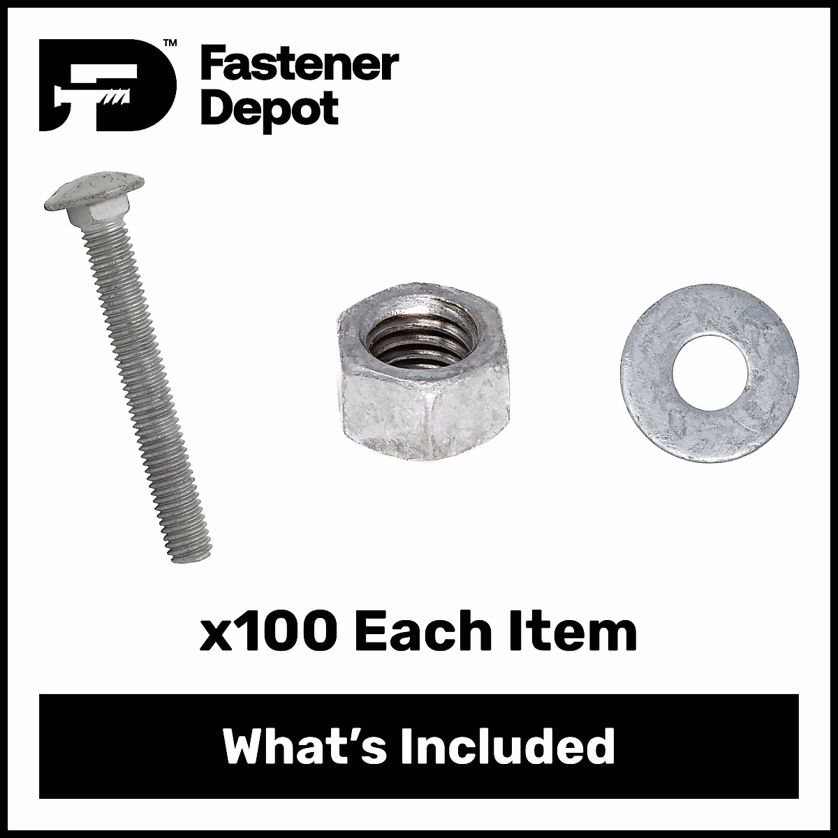 1/4"-20 x 5-1/2" Hot Dipped Galvanized Carriage Bolt w/Nuts & Flat Washers, Grade A, Full Thread, Quantity 100 - by Fastener Depot, LLC