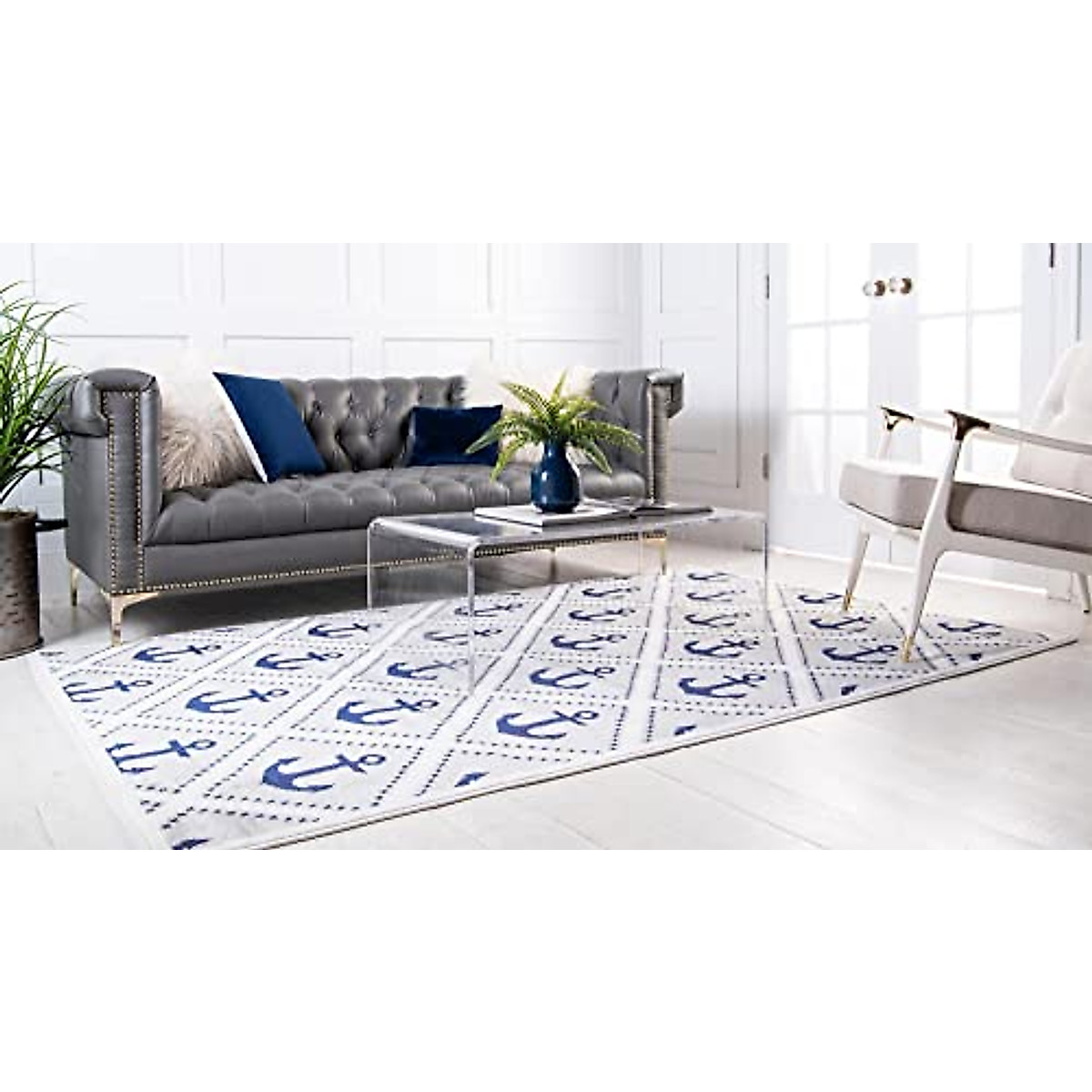 Unique Loom Metro Collection Modern Nautical Coastal Geometric Anchors Area Rug, for Kids, 5 ft x 8 ft, Light Gray/Ivory