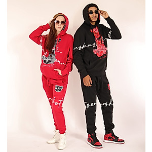 SCREENSHOT-F1122 Mens Urban Hip Hop Premium Fleece - Head Lifting Paisley Cartoon Teddy Bear Crew Neck Streetwear Sweatshirt-Black/Red-Large