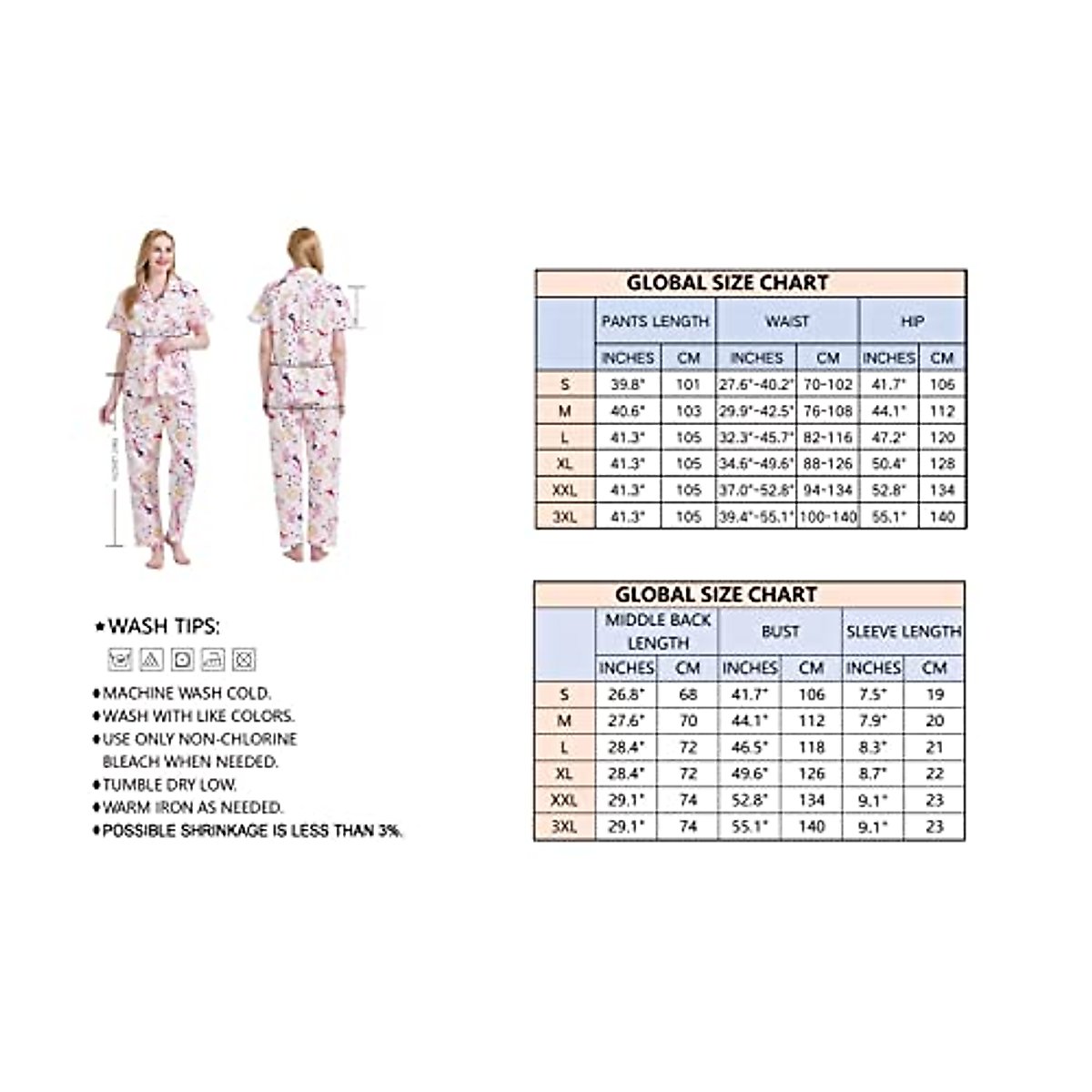 GLOBAL Women's 100% Cotton Pajama Sets | Two-Piece Soft Short-Sleeved and Long Pants PJs for Spring and Summer | Button Down Front Top and Drawstring Waist Bottom Nightwear