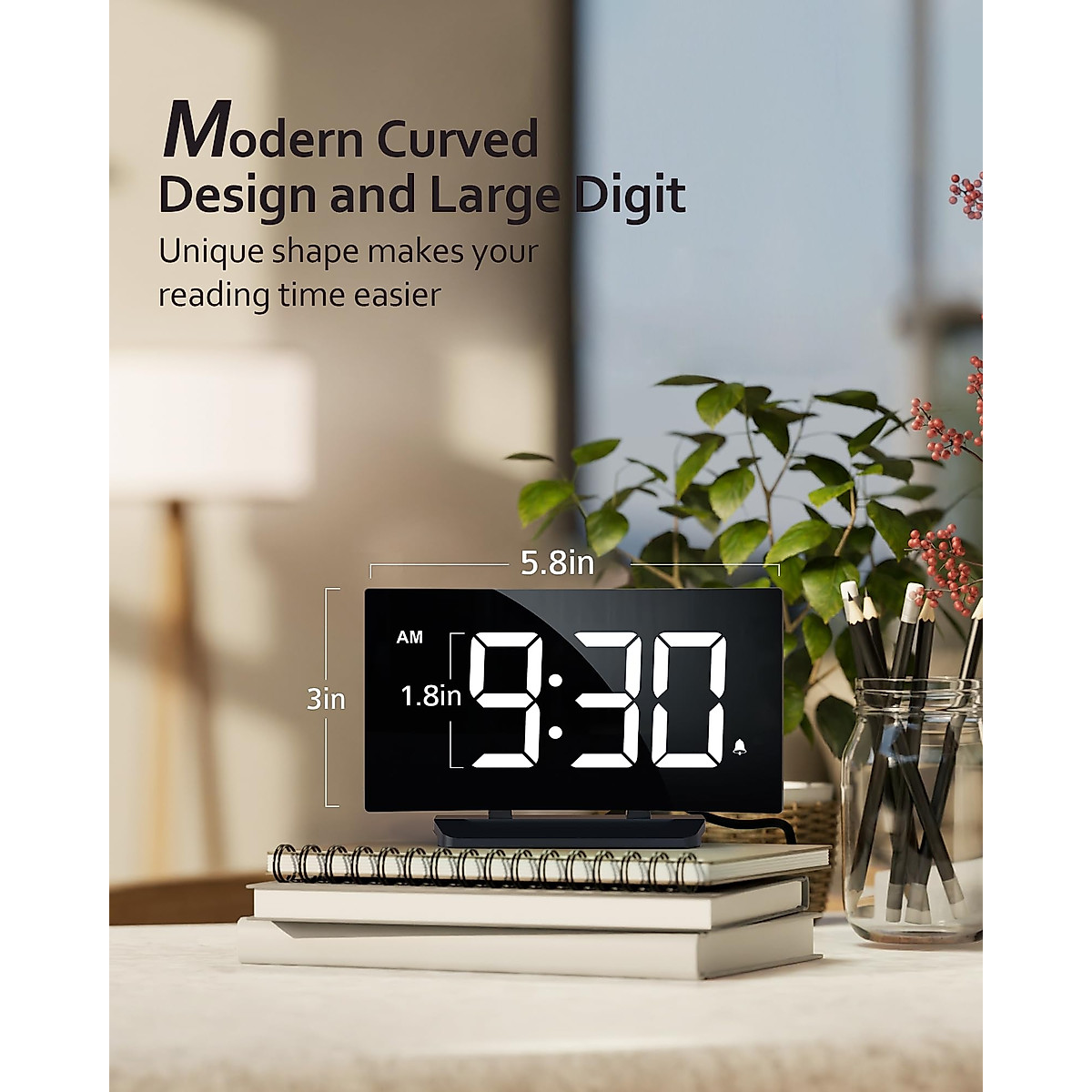 GOLOZA Digital Alarm Clock for Bedroom, Digital Clock with Modern Curved Design, Conspicuous White LED Numbers, 5 Levels Brightness+Off, 2 Volume, 3 Alarm Tones, Snooze,Power-Off Memory,12/24H
