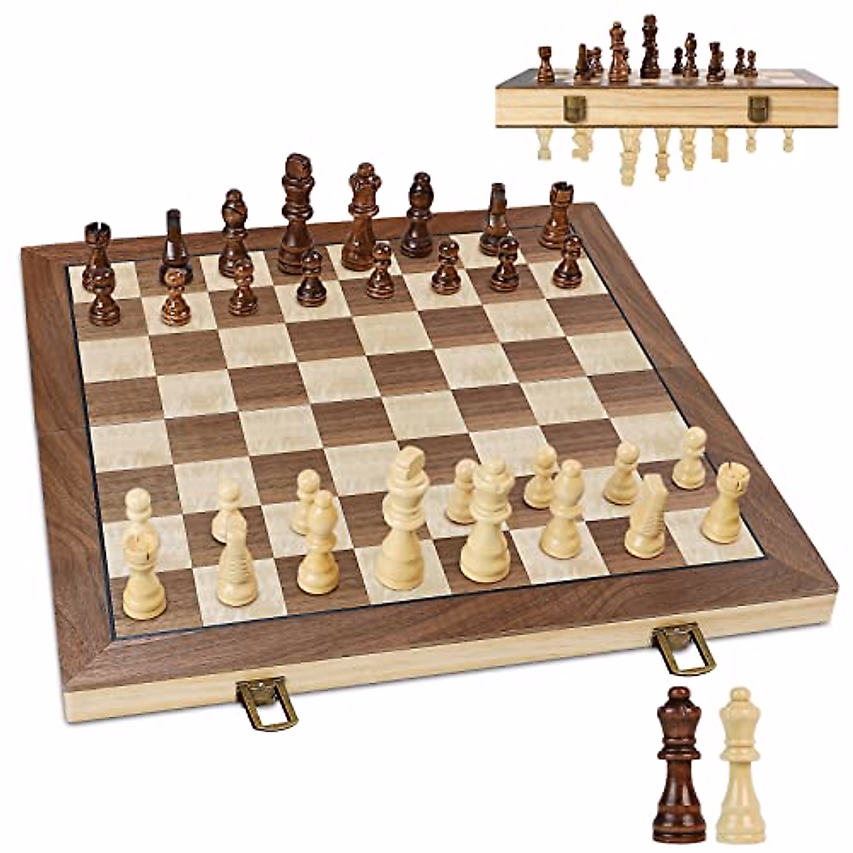 LEAP Magnetic Wooden Chess Sets 15 inch Foldable Chess Board 3 inch King Height Chess Pieces Travel Chess Sets, Chess Board Set with 2 Extra Pieces and Storage Slots for Kids, Adults
