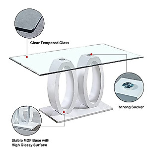 Modern Tempered Glass Dining Table for 6 Persons, 63'' Rectangilar Dining Room Table with Dual O-Shaped High Glossy Wood Base, Elegant Kitchen Table Versatile Glass Table for Home (White)