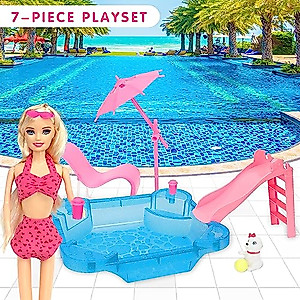 Yellow River Glam Doll Pool, 12" Summer Beach Bath Suit Doll Playset, with Slide, Umbrella and Chair. Gift for Girls Age 3 4 5 6 7 for Christmas (Doll Include)