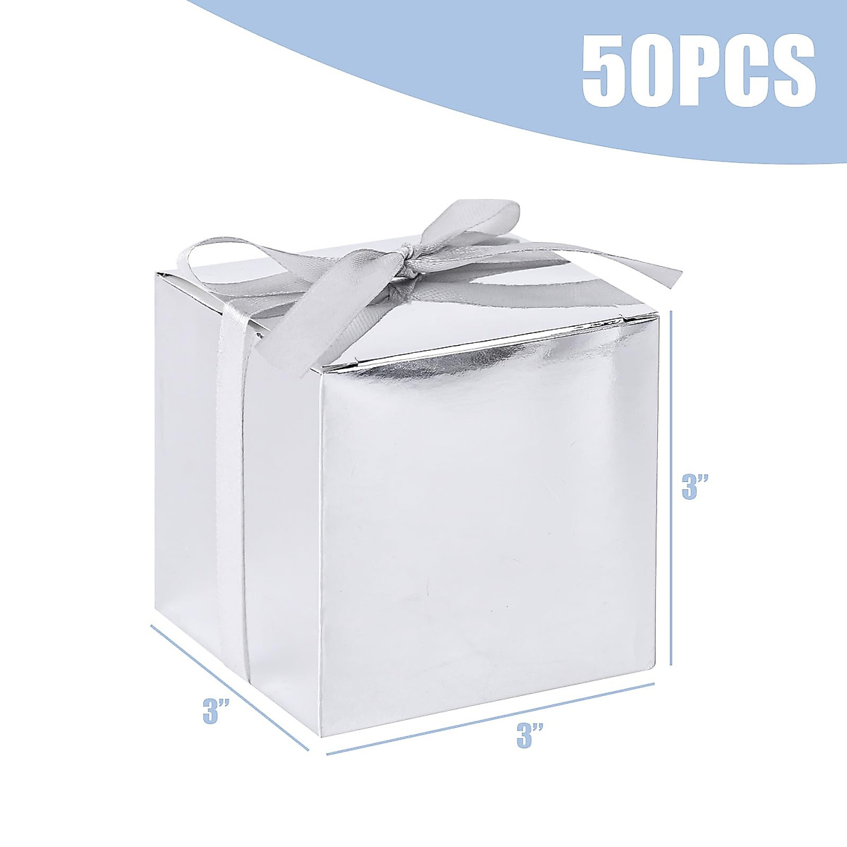 VGOODALL 50PCS Party Favor Boxes, Small Gift Boxes Mini Gift Boxes with Ribbons 3 x 3 x 3 inches Tiny Cardboard Boxes Treat Boxes for Wedding Birthday Party Silver