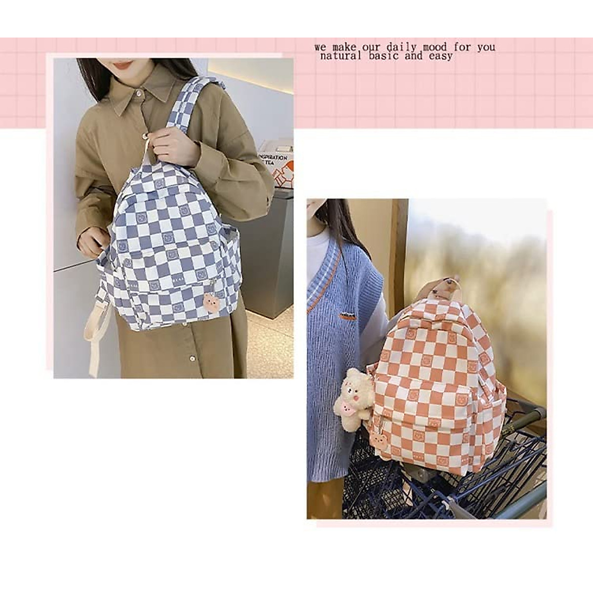 Kawaii Plaid Mini Backpack with Plush Bear Pendant for Girl Small Medium School Bag (Light Blue)