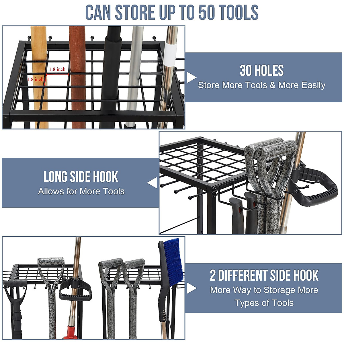 Garden Tool Organizer, Yard Tool Organizer up to 50 Tools, Garage Tool Organization and Storage, Garden Tool Storage, Yard Tool Racks, Tool Stand, Tool Holder for Garage, Shed, Outdoor, Black