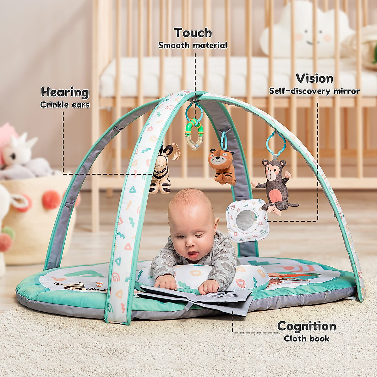 Kompoll Baby Play Gym 7 in 1 Baby Activity Gym Mat with 2 Washable Covers Thick Non-Slip Playmats with 6 Toys Baby Tummy Time Mat for Early Sensory Exploration and Motor Skill Development for Infant