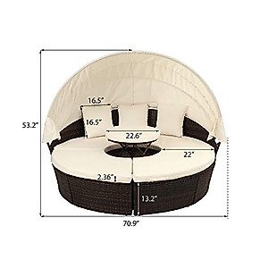 Merax Patio Round Daybed Furniture Set with Retractable Canopy, Coffee Table & Waterproof Cushions, Outdoor Wicker Rattan Sectional Sofa Set for Garden Poolside Backyard Lawn Porch (Beige, 4 Piece)