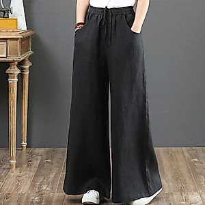 OBEEII Womens Casual Elastic High Waisted Wide Leg Loose Palazzo Pants Trousers with Pockets Black XL