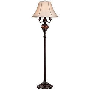 Barnes and Ivy Traditional Standing Floor Lamp Multi 4-Light 63" Tall Antique Bronze Copper Gold Tortoise Glass Font Fabric Bell Shade Candelabra Decor for Living Room Reading House Bedroom