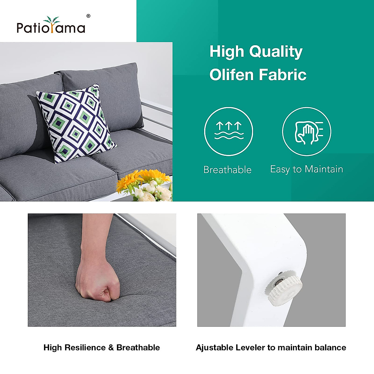 Patiorama Aluminum Patio Furniture Set, 5 PCS Modern Patio Conversation Set, All Weather White Outdoor Sectional Sofa Set w/Coffee Table, Patio Seating Set, Olefin Cushion, Garden-Grey Cushion