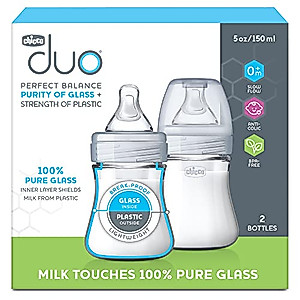 Chicco Duo 5oz. Hybrid Baby Bottle with Invinci-Glass Inside/Plastic Outside 2-Pack with Slow Flow Anti-Colic Nipple - Clear/Grey