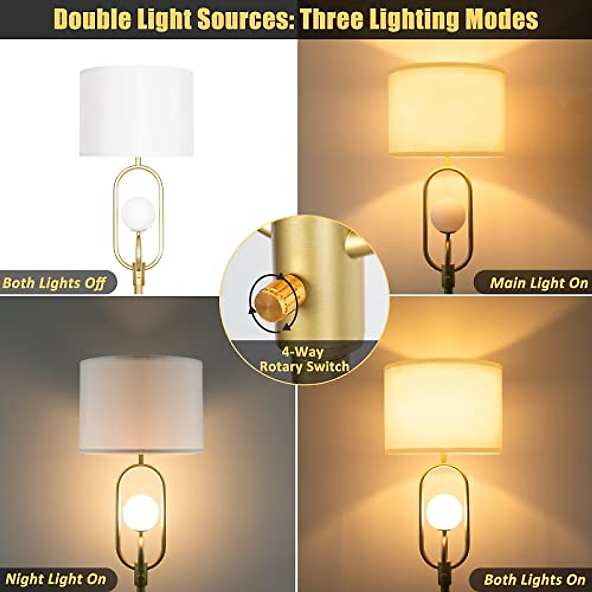 Yolsunes Modern Gold Floor Lamp with Night Light, Brass Standing Lamp White Linen Shade, Globe Stand Up Lamp 67’’ Tall Lamps for Living Room Nursery Bedroom Office, 3W 2700K Led Included, E26 Base