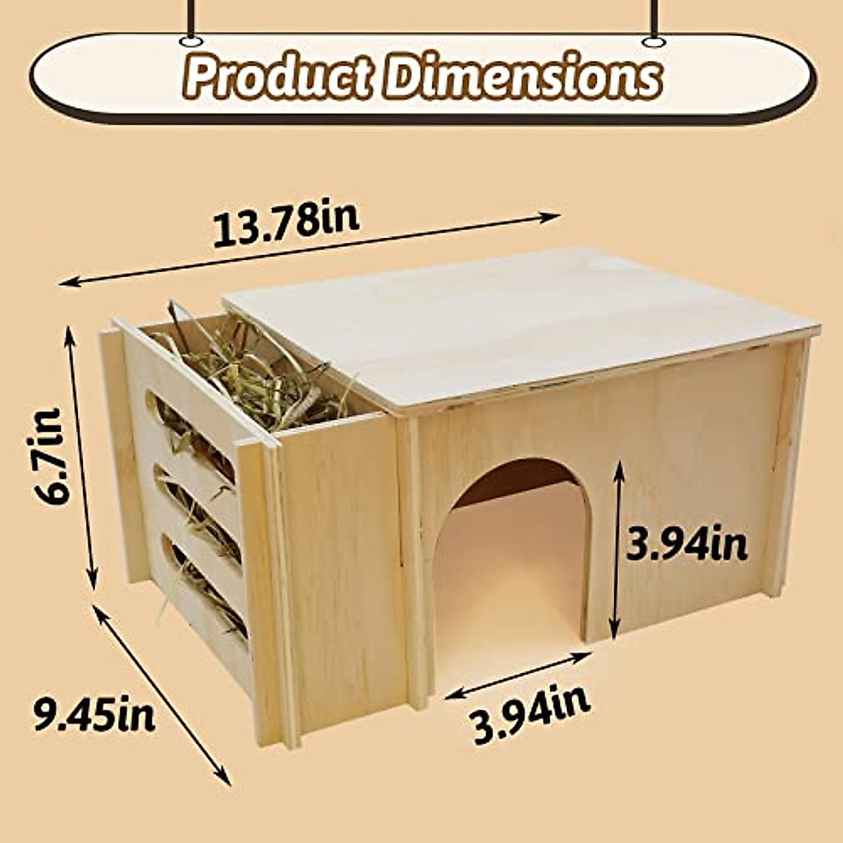 Fhiny Guinea Pig Wood House with Hay Feeder, Detachable Chinchilla Hut Hideout Small Animal Hideout Hideaway Natural Hamster Habitat Decor for Guinea Pig Chinchilla Dwarf Rabbit Hamster