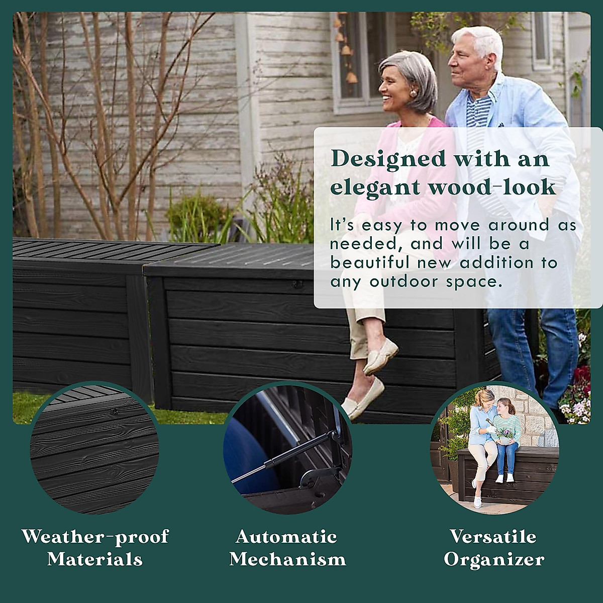 Keter Westwood Outdoor Plastic 150 Gallon Deck Storage Box Organizer for Patio Furniture, Pool Toys and Yard Tools with Bench, Dark Gray, 2 Pack