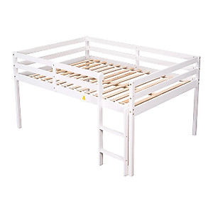 Harper & Bright Designs Low Loft Bed Full Size, Wood Loft Bed with Ladder, Full Loft Bed Frame with Safety Guardrail for Kids Teens Boys Girls (White, Space-Saving)
