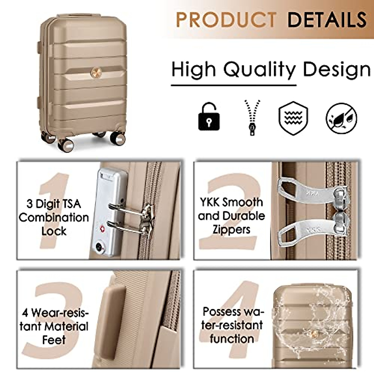 Somago 2 Piece Luggage Set Carry On Suitcase 20 INCH Lightweight Hard Shell PP Suitcase with TSA Lock Spinner Wheel 22x14x9 Airline Approved (Noble Golden)