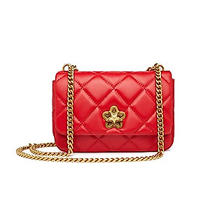 Women Quilted Crossbody Bag Genuine Leather Clutch Purse with Chain Strap Ladies Small Shoulder Handbags - Star Red