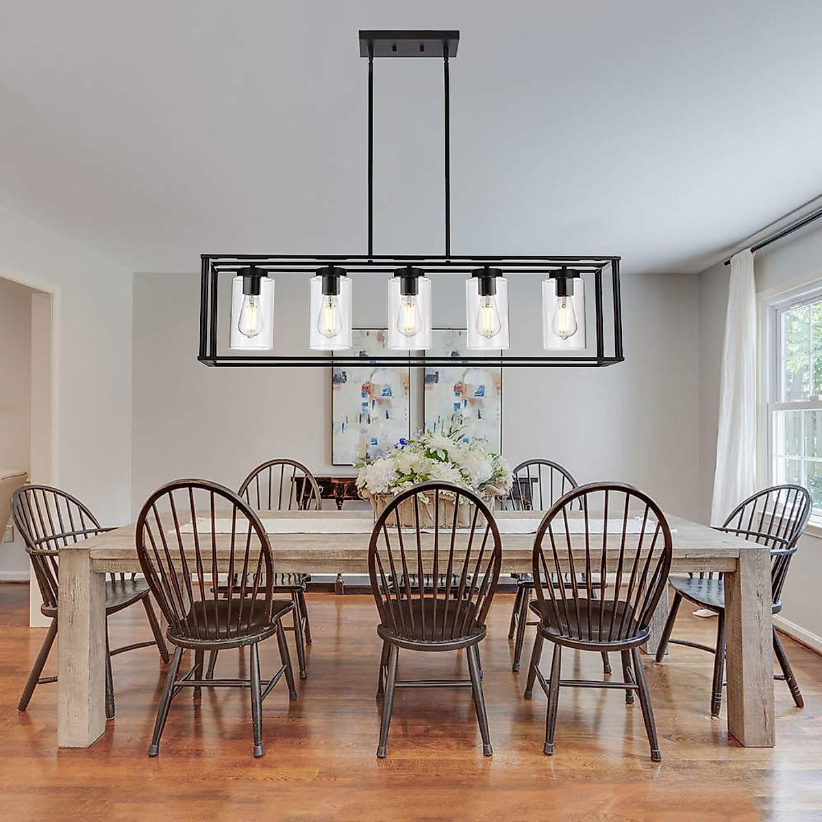 VINLUZ Farmhouse Chandeliers Rectangle Black 5 Light Dining Room Lighting Fixtures Hanging, Kitchen Island Cage Pendant Lights Contemporary Modern Ceiling Light with Glass Shade Adjustable Rods