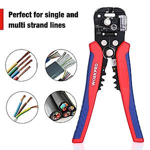 WORKPRO Self Adjusting Wire Stripper, 3-in-1 Automatic Wire Stripper/Cutter/Crimper, AWG10-24, 8 Inch Multi Pliers For Electrical Wire Stripping, Cable Cutting, Crimping,Red&blue