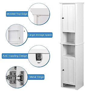 Unovivy Tall Bathroom Storage Cabinet Floor Standing Freestanding Linen Tower with 2 Doors & 6 Shelves, 15.7X 11.8X 66.9 Inches, for Living Room, Kitchen, Off-White