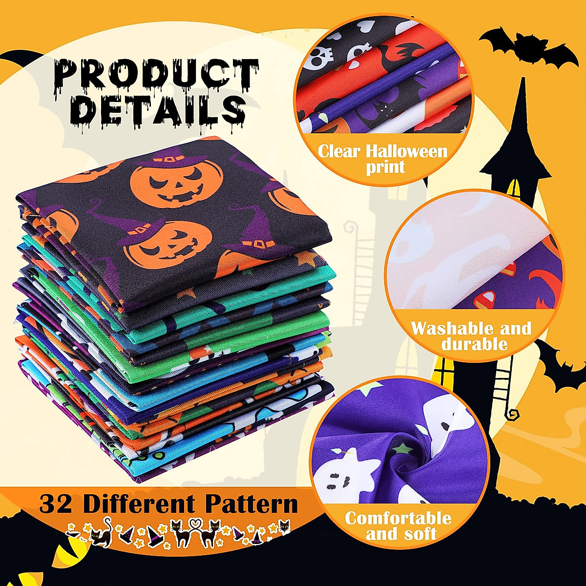 32 Pieces 10 x 10 Inches Halloween Fabric Holiday Quilting Fabric Halloween Fat Quarters Printed Fabric Sewing Craft Fabric Bat Pumpkin Ghost Skull Fabric for DIY Halloween Decor Patchwork Supplies