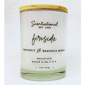 Natural Coconut Wax Blend Candle Fireside (in Cursive) Fragrance in White Jar with Wooden Lid