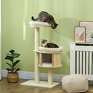 PawHut 3-Level Cat Tree with Sisal Scratching Posts, Fun Cat Badminton Toy for Playing, Soft Cushions, & Play Areas