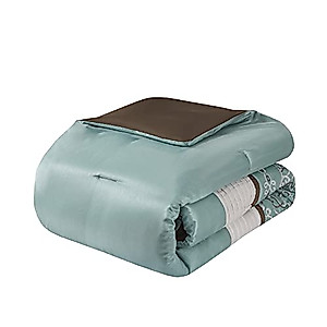 Madison Park Essentials Jelena Room in A Bag Faux Silk Comforter Classic Luxe All Season Down Alternative Bedding, Matching Bedskirt, Curtains, Decorative Pillows, Queen(90"x90"), Seafoam 24 Piece