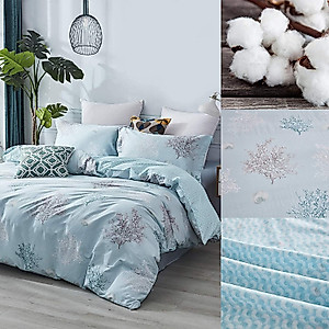 Brandream Coastal Beach Bedding Set Queen Size 100% Cotton Duvet Cover Set Tropical Coral Seashells Bedroom Set 3-Piece (No Comforter)