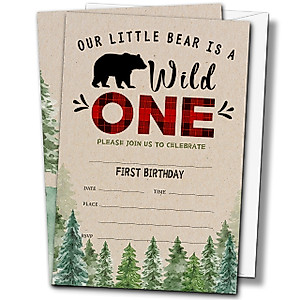Wild One Birthday Party Invitations with Envelopes (20-Pack), 4"x6" Rustic Bear Buffalo Plaid 1st Birthday Invitation Cards, Fill-in Style Party Invites-B08