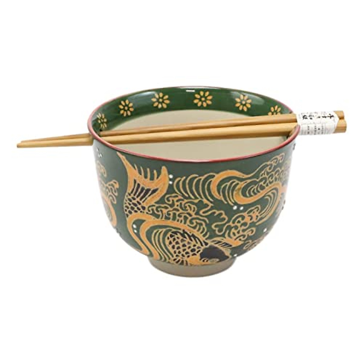 Ebros Gift Colorful Green And Yellow River Koi Fishes With Crystals Ramen Udong Noodles Bowl With Built In Chopsticks Rest and Bamboo Chopstick Set for Kitchen Dining Soup Rice Meal Bowls (1)