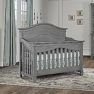 Evolur Cheyenne 5 in 1 Full Panel Convertible Crib in Storm Grey, JPMA & Greenguard Gold Certified, Crafted Out of kiln-Dried Hardwood, Features a high-Arch headboard & 3 Mattress Height Settings