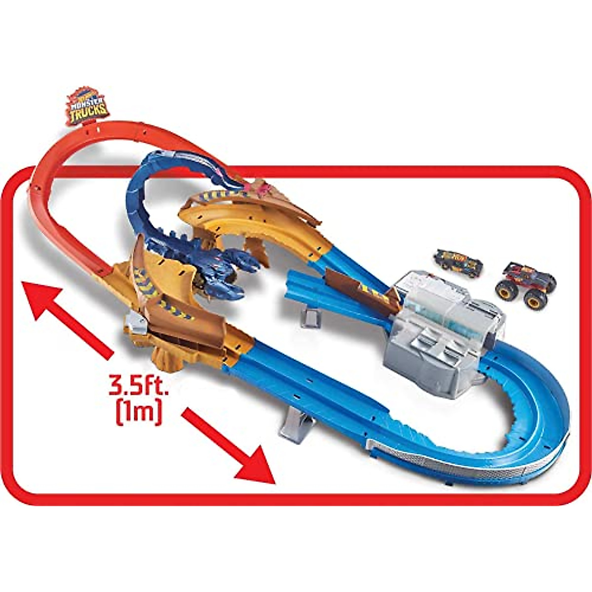 Hot Wheels Monster Trucks Scorpion Sting Raceway Track Set with 1 Toy Truck & 1 Hot Wheels Car in 1:64 Scale, Boosted Race Track