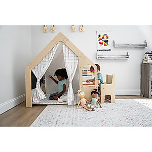Avenlur Flair Montessori Style Wooden 5 in 1 Indoor Playhouse Play Tent with Desk Table, Chair, Chalkboard, Floor Cushion and Curtain Shades for Babies, Toddlers, Kids (Large, Windowpane)