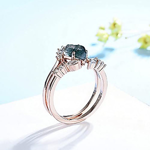 Natural Moss Agate Gemstone Genuine 925 Sterling Silver Ring for Women Kite Cut Women's Ring Set for Engagement Silver 925 Jewelry (Rose Gold Plated Silver, 5)