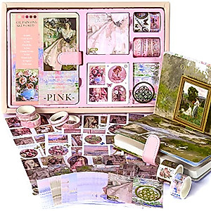 Scrapbooking Supplies Journaling Kit, Vintage Oil Painting Colorful Blank Notebook for Junk Journal, Aesthetic Scrapbook Kit with Scrapbook Stickers Washi Tapes, Art Journal Gift for Teen Girl Women