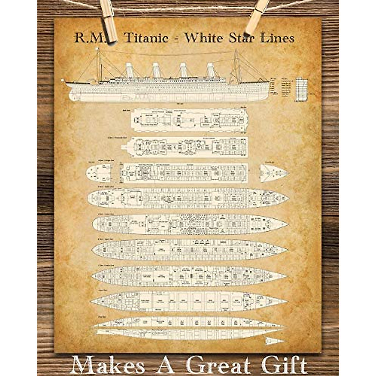 R. M. S. Titanic - White Star Lines Deck Plan - 11x14 Unframed Patent Print - Great Gift and Decor for History and Cruise Ship Buffs Under $15