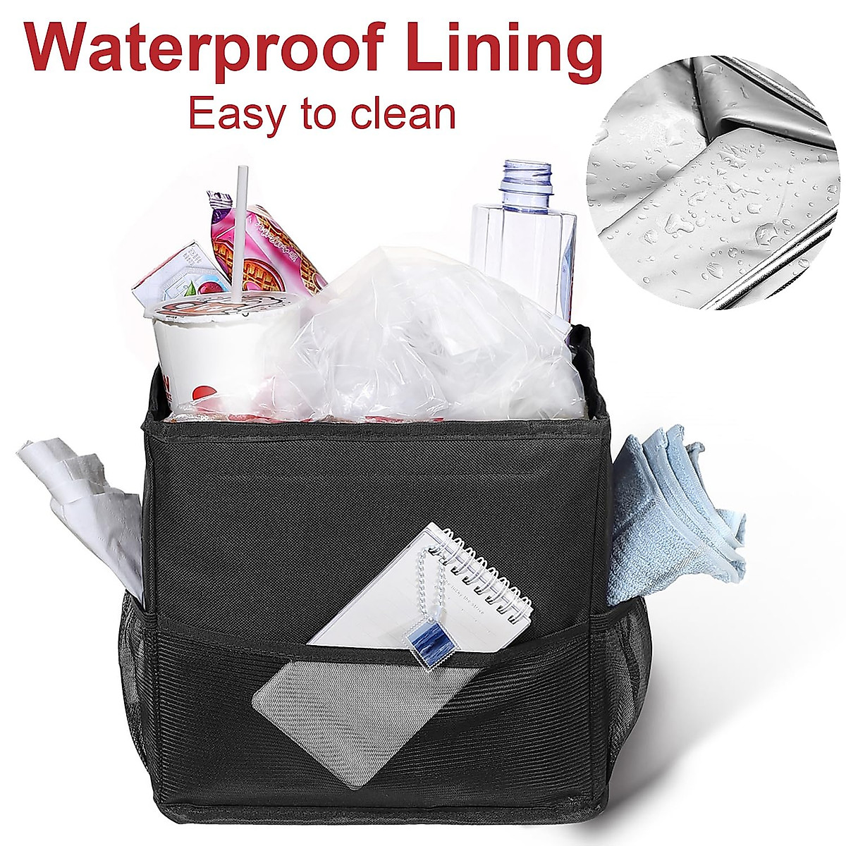 Ryhpez Car Trash Can with Lid - Car Trash Bag Hanging with Storage Pockets Collapsible and Portable Car Garbage Can with Metal Rack Support