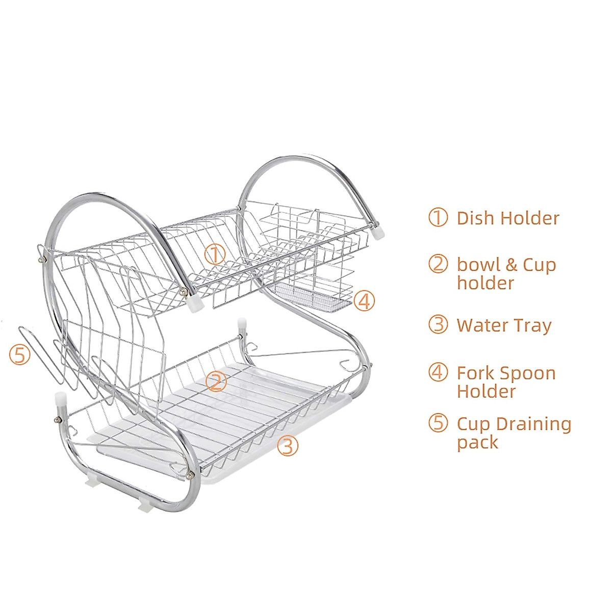 Guangshuohui Dish Drying Rack and Drainboard Set, 2 Tier Large Stainless Steel Sink Organizer Dish Racks with Cups Holder, Utensil Holder, Dish Strainer Shelf for Kitchen Counter
