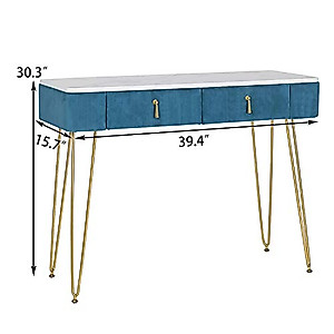 Joveco 39’’ Vanity Table with 2 Drawers- Modern Makeup Vanity Desk- Dressing Table Small Desks for Bedrooms- Home Office Computer Desk- White Marble Wood Veneer/Gold Metal Legs/Blue Soft Microfiber