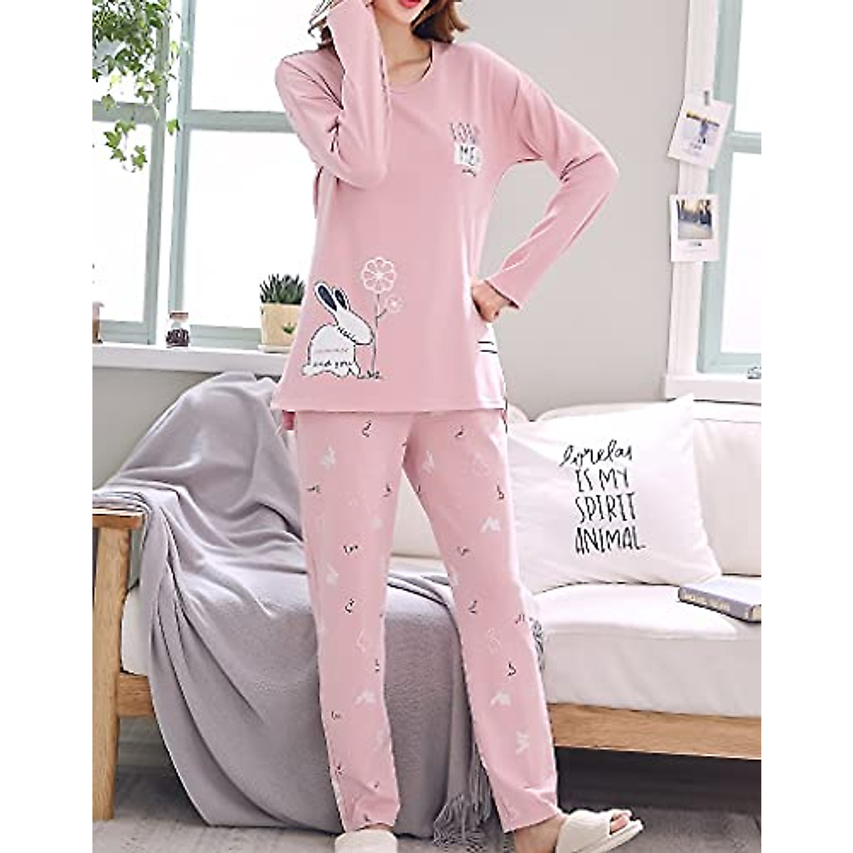 Vopmocld Young Girls Lovely Bunny Pajama Sets Cotton Long Sleeve Pjs Clothes Sleepwear Shirts, Pink, 14
