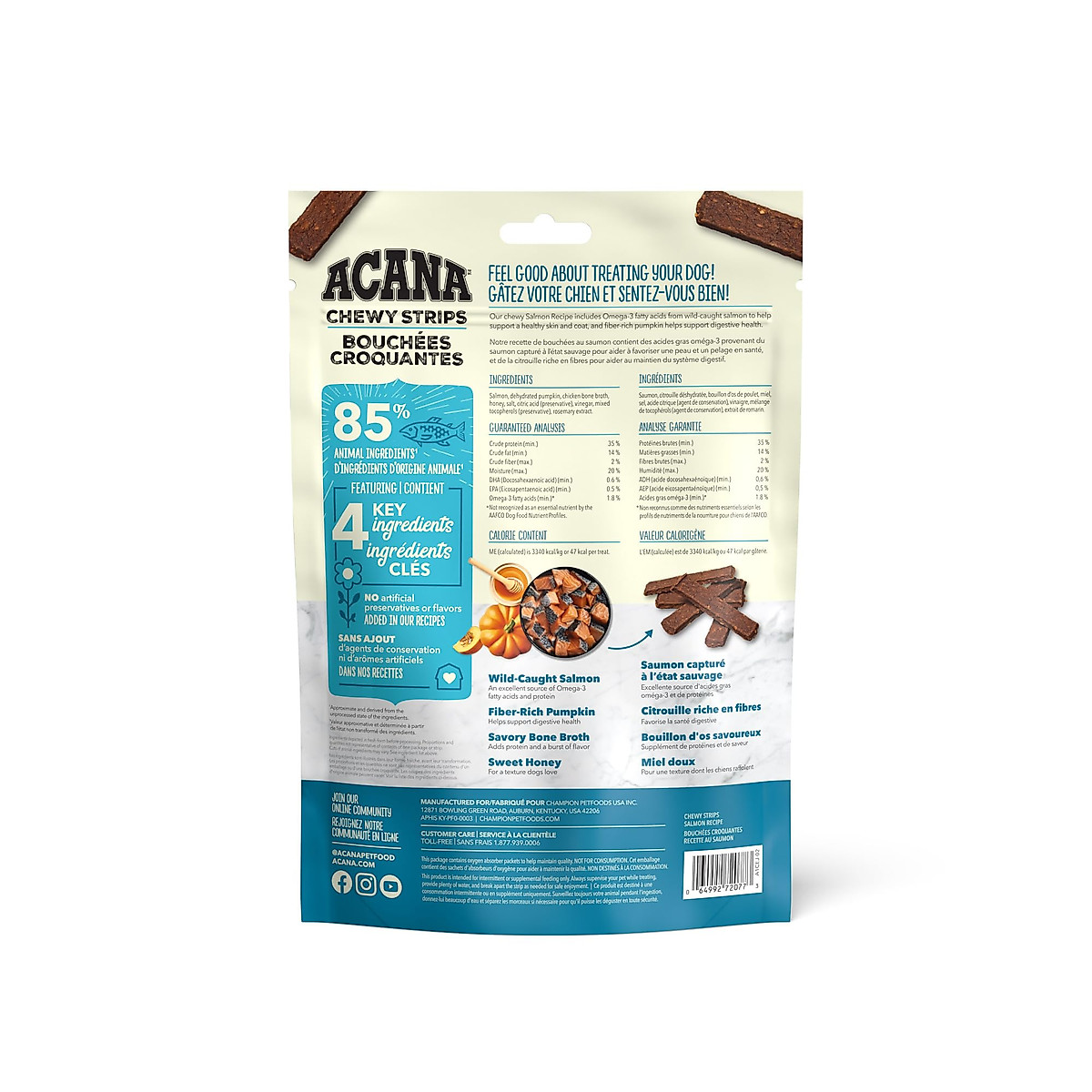 ACANA Chewy Strips Dog Treats, Salmon, High Protein Dog Treats, 4oz